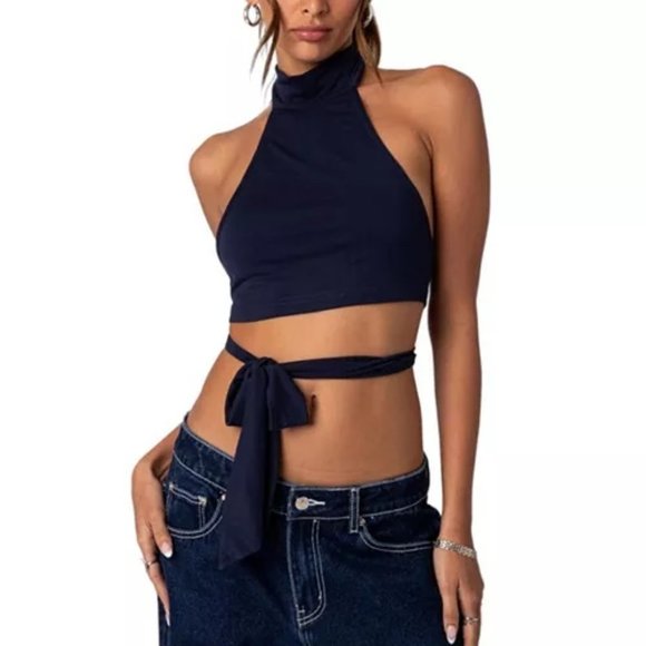 I Joah Tops I Joah High Neck Wrap Tie Crop Top Poshmark